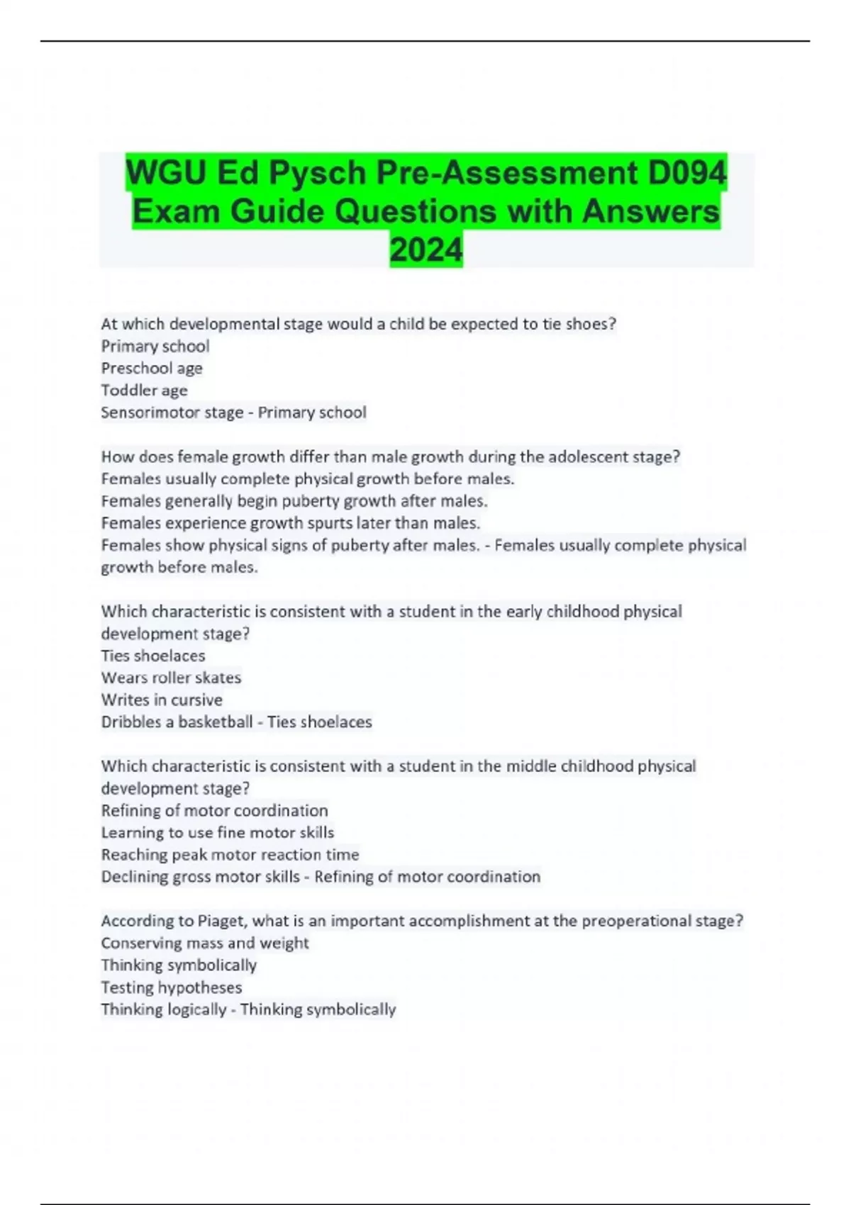 WGU Ed Pysch Pre-Assessment D094 Exam Guide Questions with Answers 2024 ...