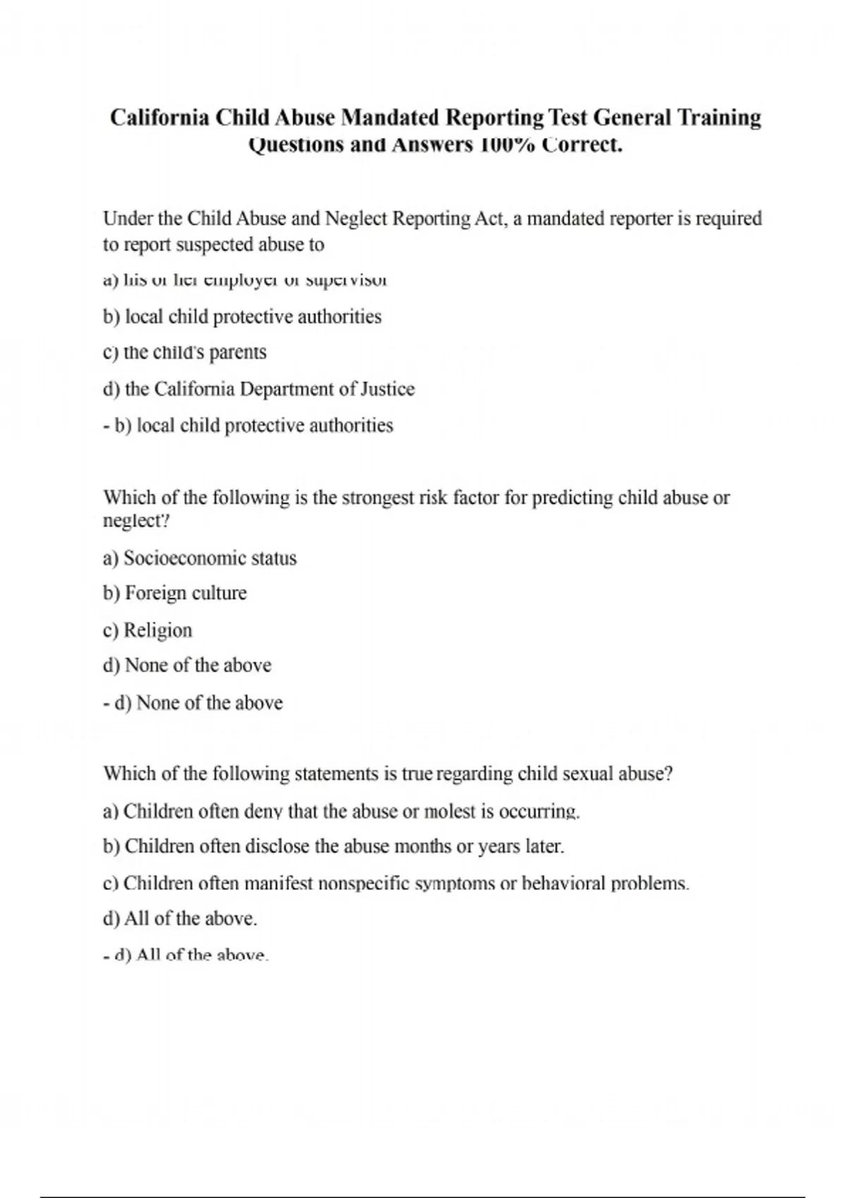 California Child Abuse Mandated Reporting Test General Training ...