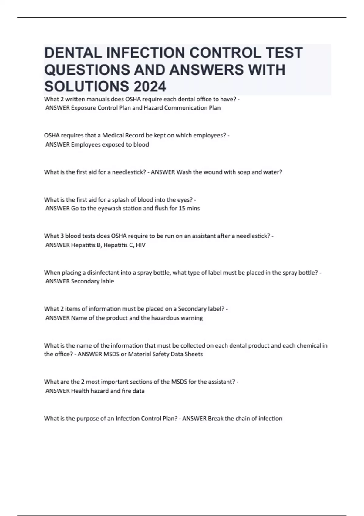 DENTAL INFECTION CONTROL TEST QUESTIONS AND ANSWERS WITH SOLUTIONS 2024 ...