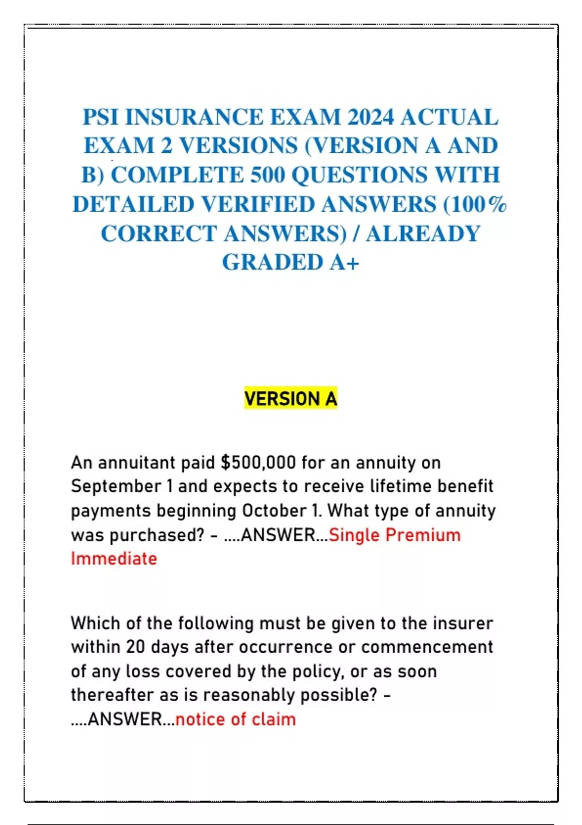 PSI INSURANCE EXAM 2024 ACTUAL EXAM 2 VERSIONS (VERSION A AND B ...