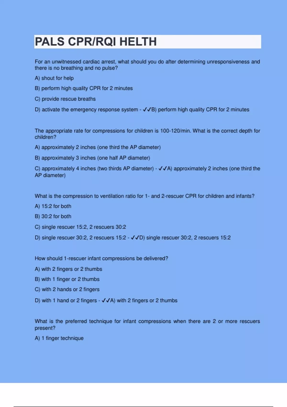 PALS CPR/RQI HELTH Latest Version with Questions and 100% Correct ...