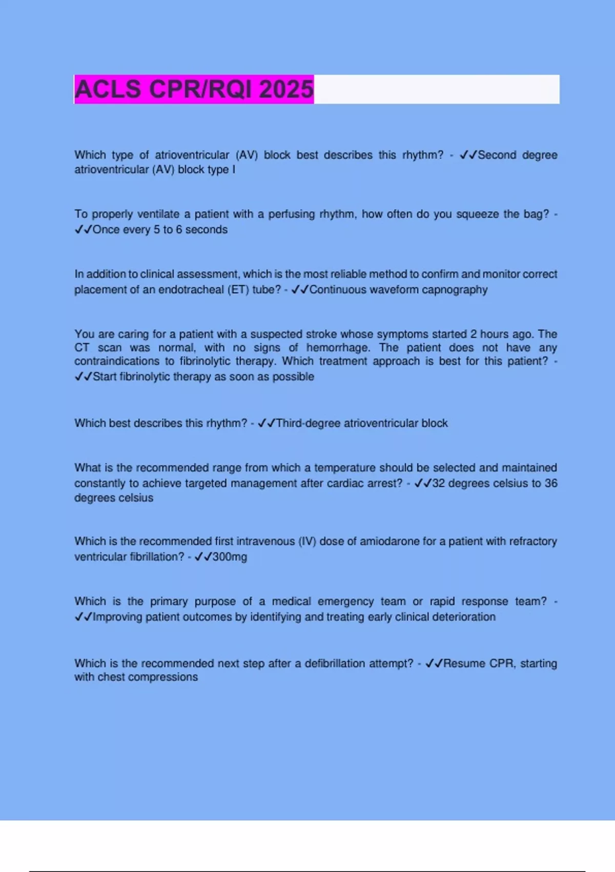 ACLS CPR/RQI 2025 Latet Update with Questions and 100% Correct Answers ...