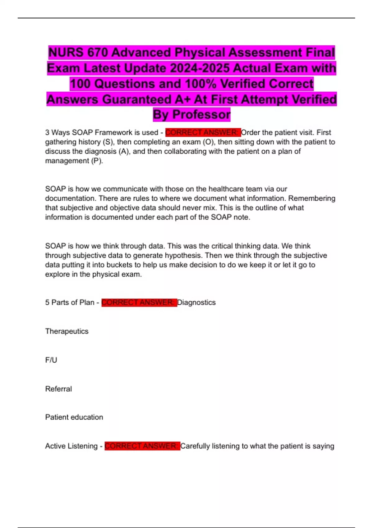 NURS 670 Advanced Physical Assessment Final Exam Latest Update Actual ...