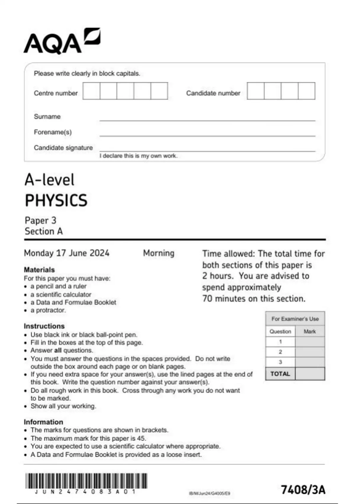 AQA A LEVEL PHYSICS PAPER 3A JUNE 2024 FINAL QUESTIONS PAPERS AND MARK ...