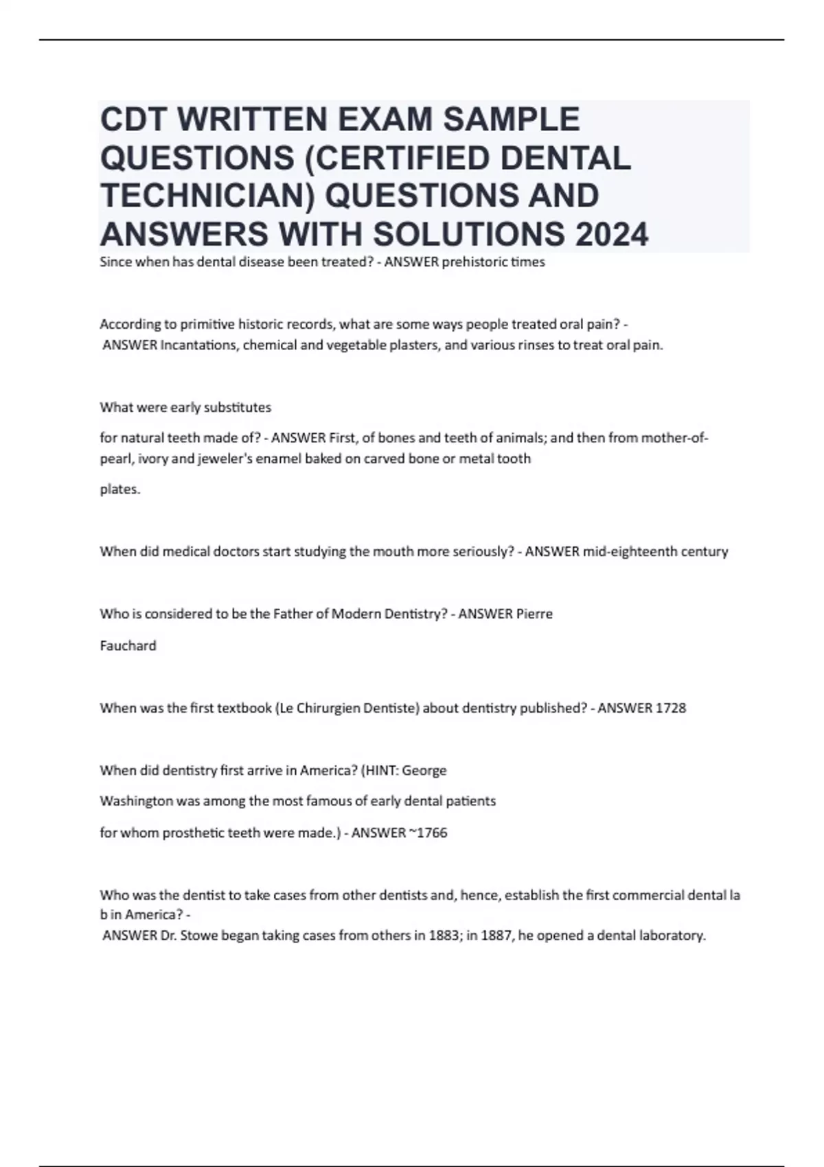 CDT WRITTEN EXAM SAMPLE QUESTIONS (CERTIFIED DENTAL TECHNICIAN ...
