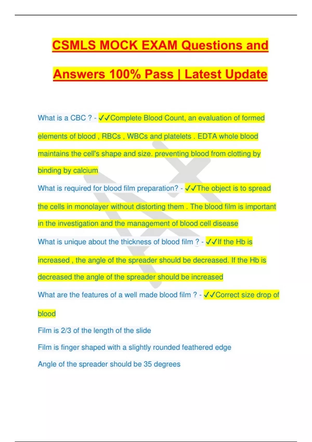 CSMLS MOCK EXAM Questions and Answers 100% Pass | Latest Update - CSMLS ...