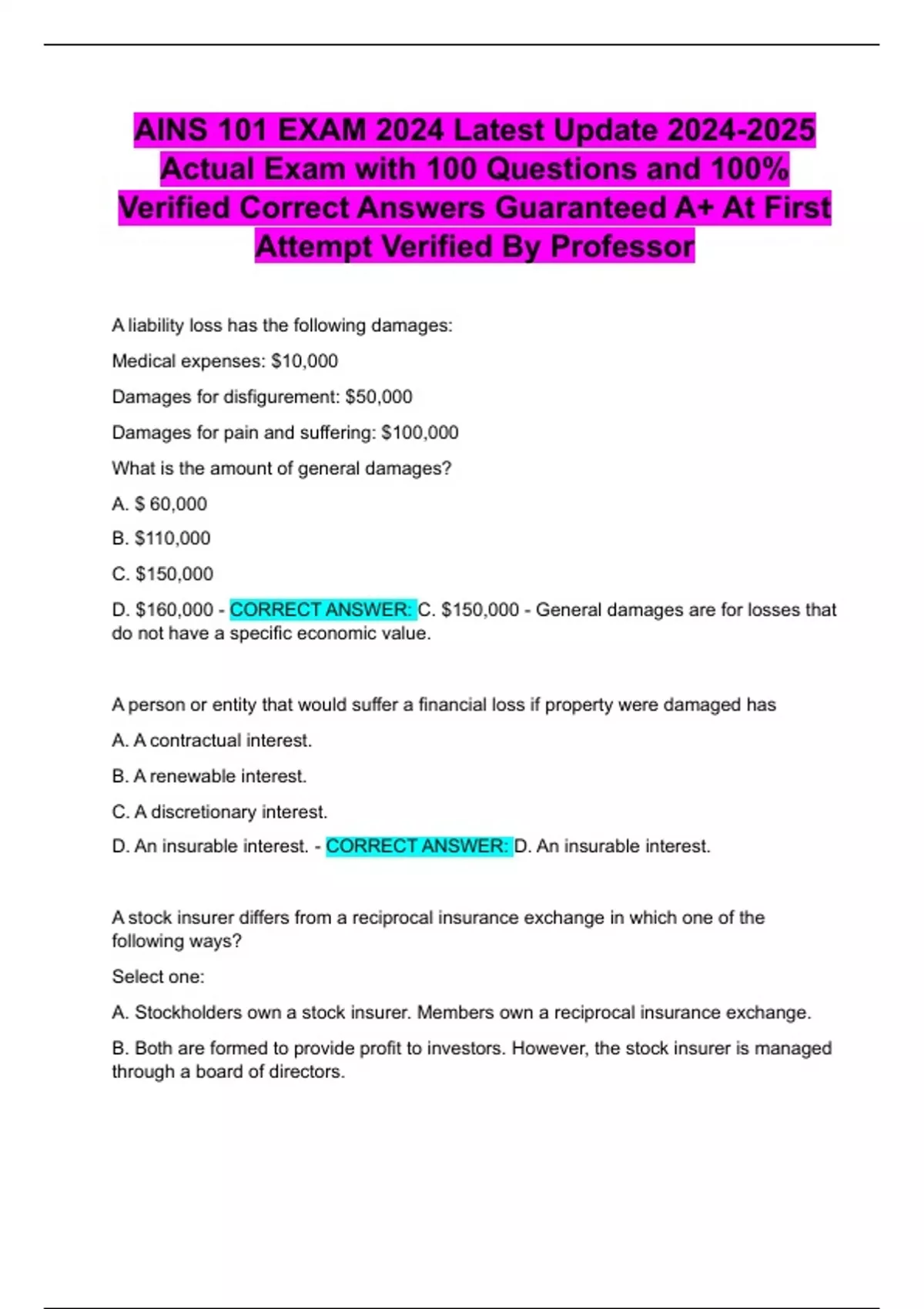 AINS 101 EXAM 2024 Latest Update Actual Exam with 100 Questions and 100 ...