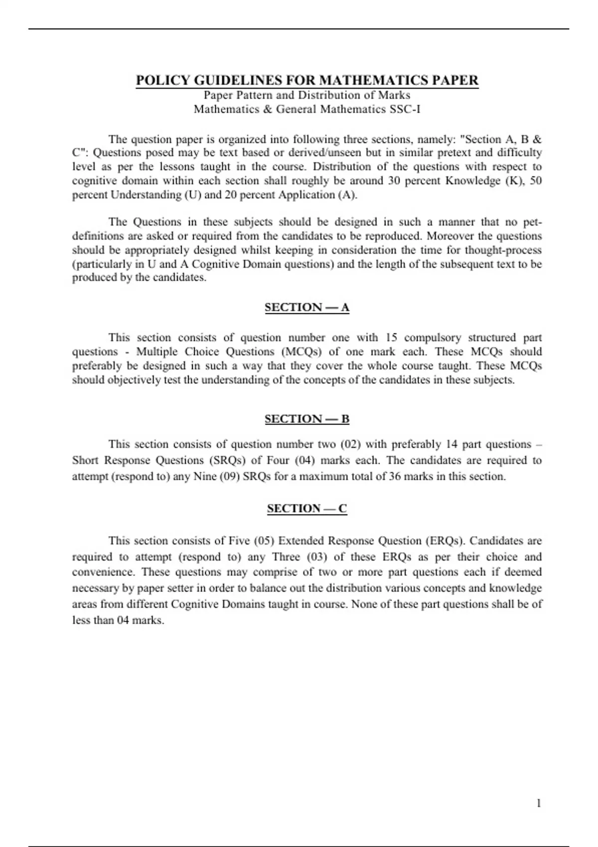 Mathematics policy Guideline and Marks Distribution ssc_1 - Mathematics ...