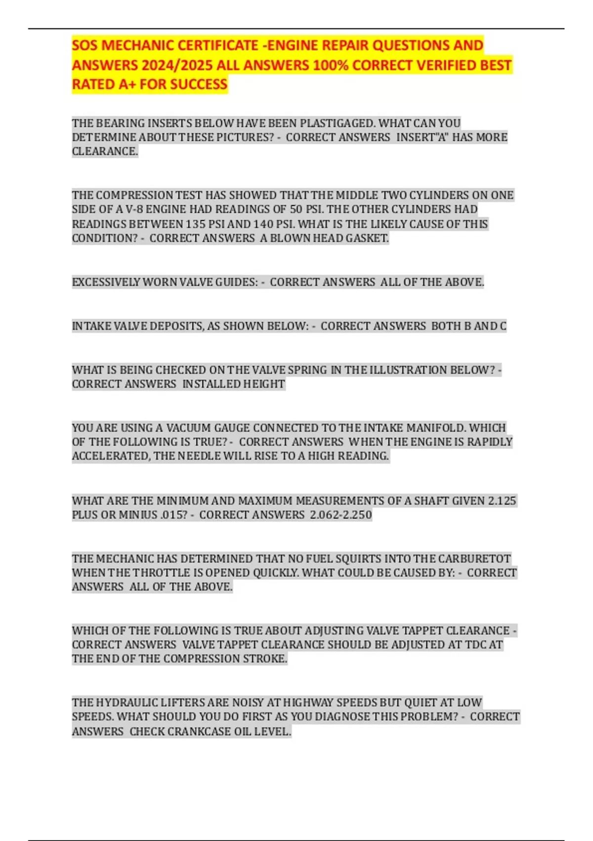 SOS MECHANIC CERTIFICATE -ENGINE REPAIR QUESTIONS AND ANSWERS 2024/2025 ...