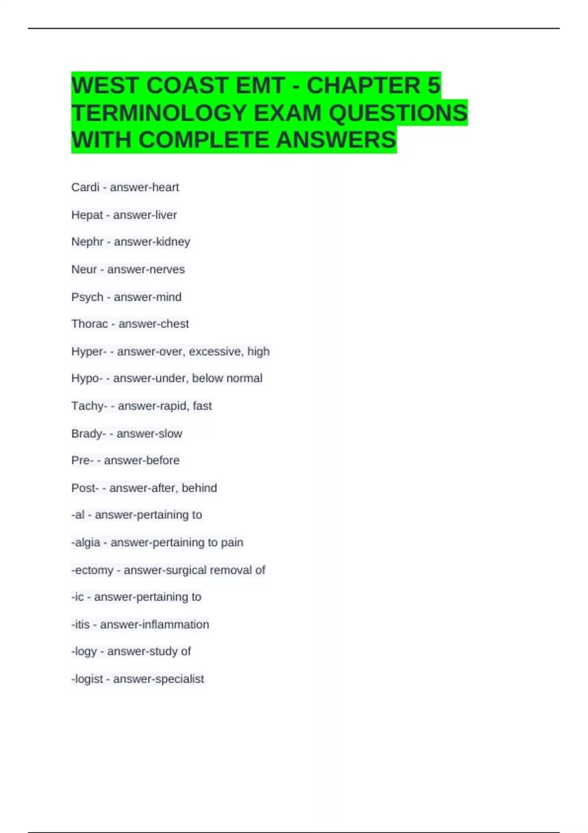 WEST COAST EMT - CHAPTER 5 TERMINOLOGY EXAM QUESTIONS WITH COMPLETE ANSWERS - West coast Emt ...