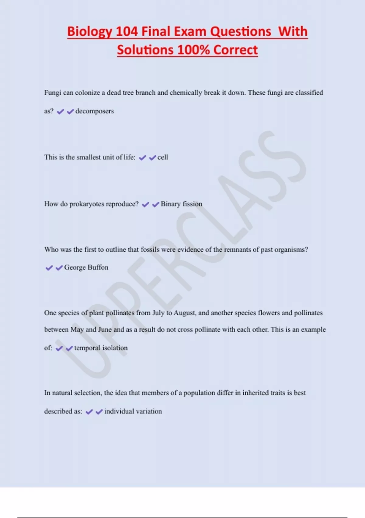 Biology 104 Final Exam Questions With Solutions 100% Correct - Bio 104 - Stuvia US