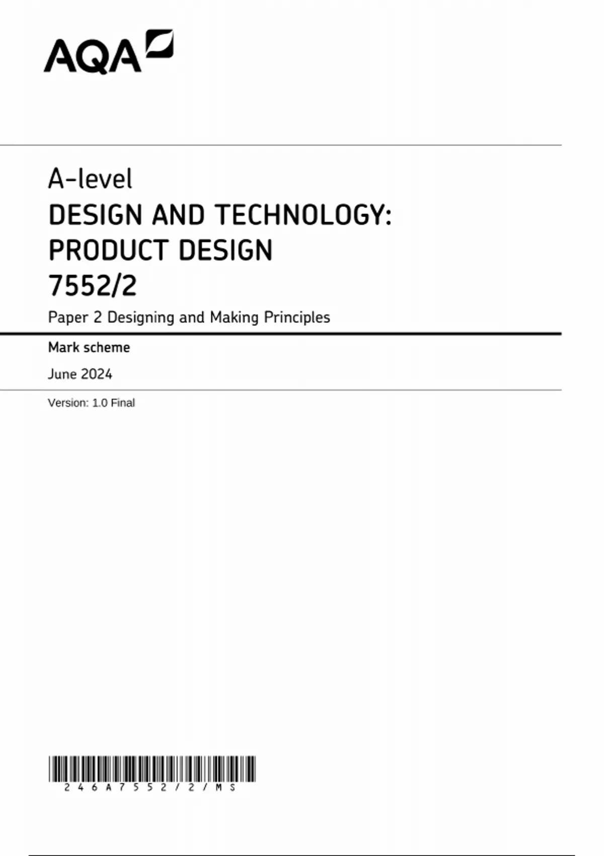 AQA A LEVEL DESIGN AND TECHNOLOGY :PRODUCT DESIGN PAPER 2 MARK SCHEME ...
