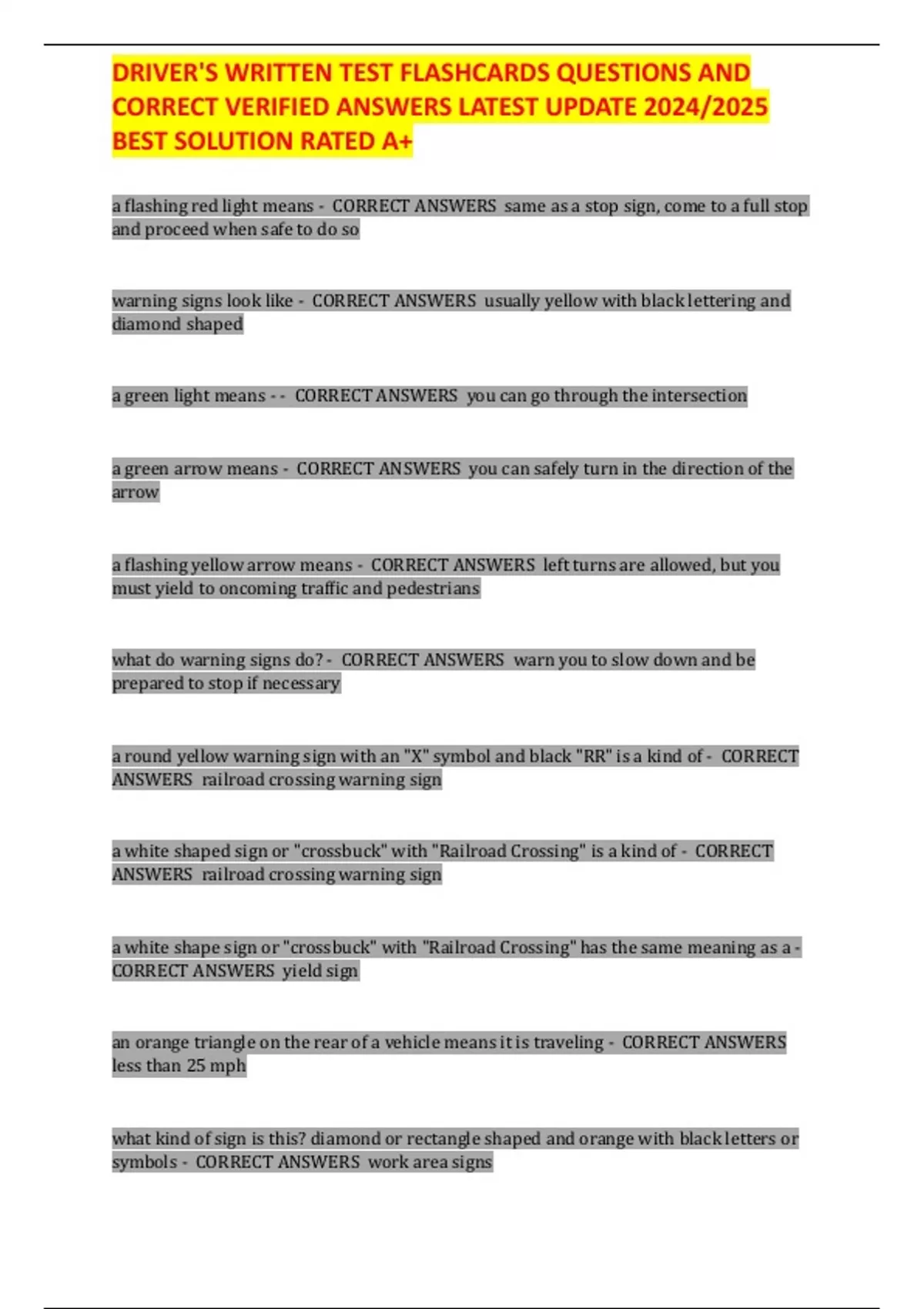 DRIVER'S WRITTEN TEST FLASHCARDS QUESTIONS AND CORRECT VERIFIED ANSWERS ...