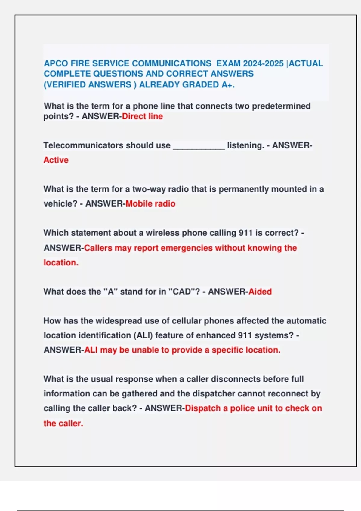 APCO FIRE SERVICE COMMUNICATIONS EXAM |ACTUAL COMPLETE QUESTIONS AND ...