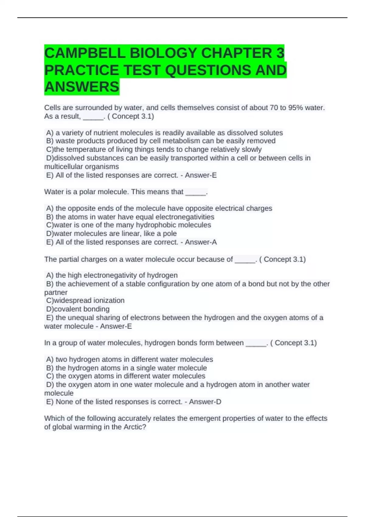 CAMPBELL BIOLOGY CHAPTER 3 PRACTICE TEST QUESTIONS AND ANSWERS ...