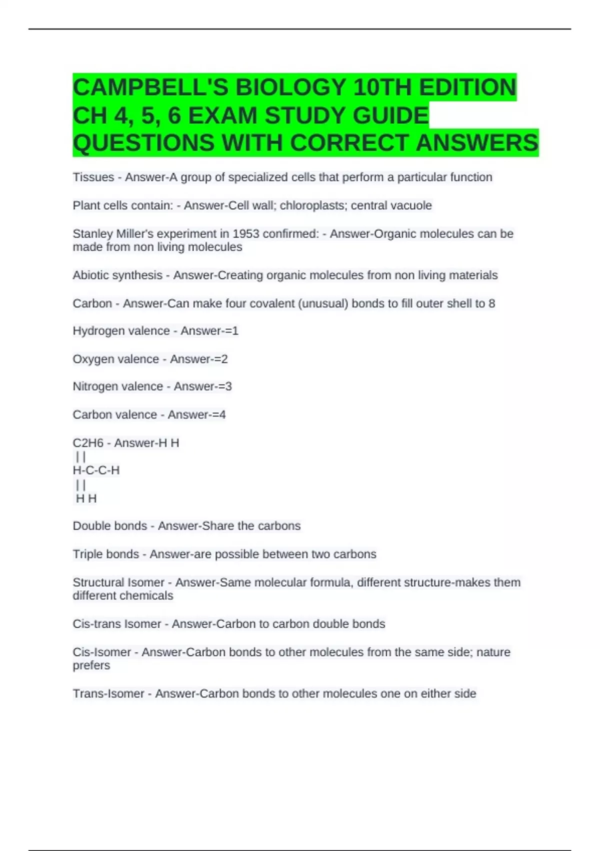 CAMPBELL'S BIOLOGY 10TH EDITION CH 4, 5, 6 EXAM STUDY GUIDE QUESTIONS ...