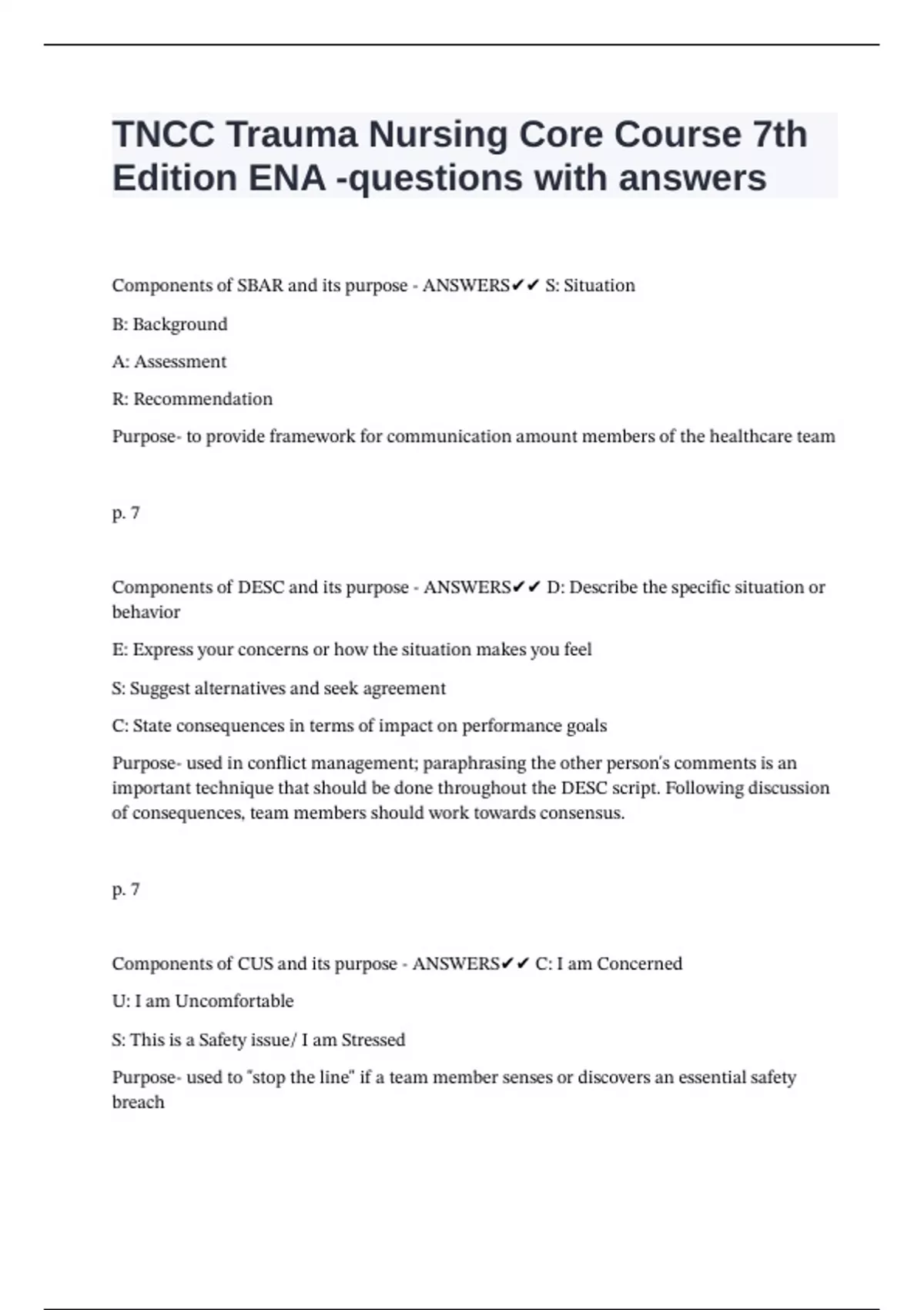 TNCC Trauma Nursing Core Course 7th Edition ENA -questions with answers - TNCC-Trauma Nursing ...
