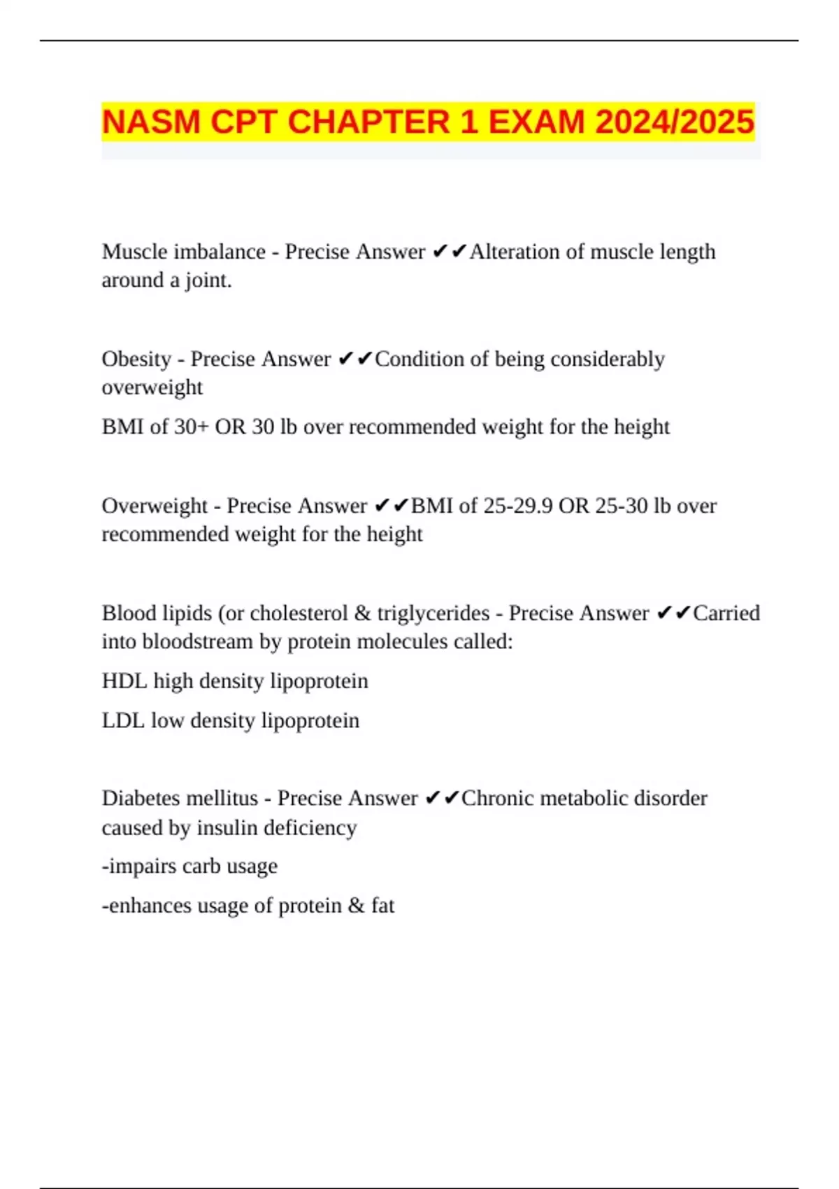 NASM CPT CHAPTER 1 EXAM 2024/2025 - NASM CPT - Stuvia US