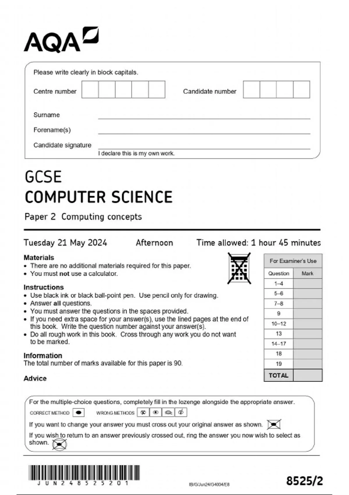 AQA GCSE COMPUTER SCIENCE Paper 2 Computing concepts QP 2024 - GCSE ...