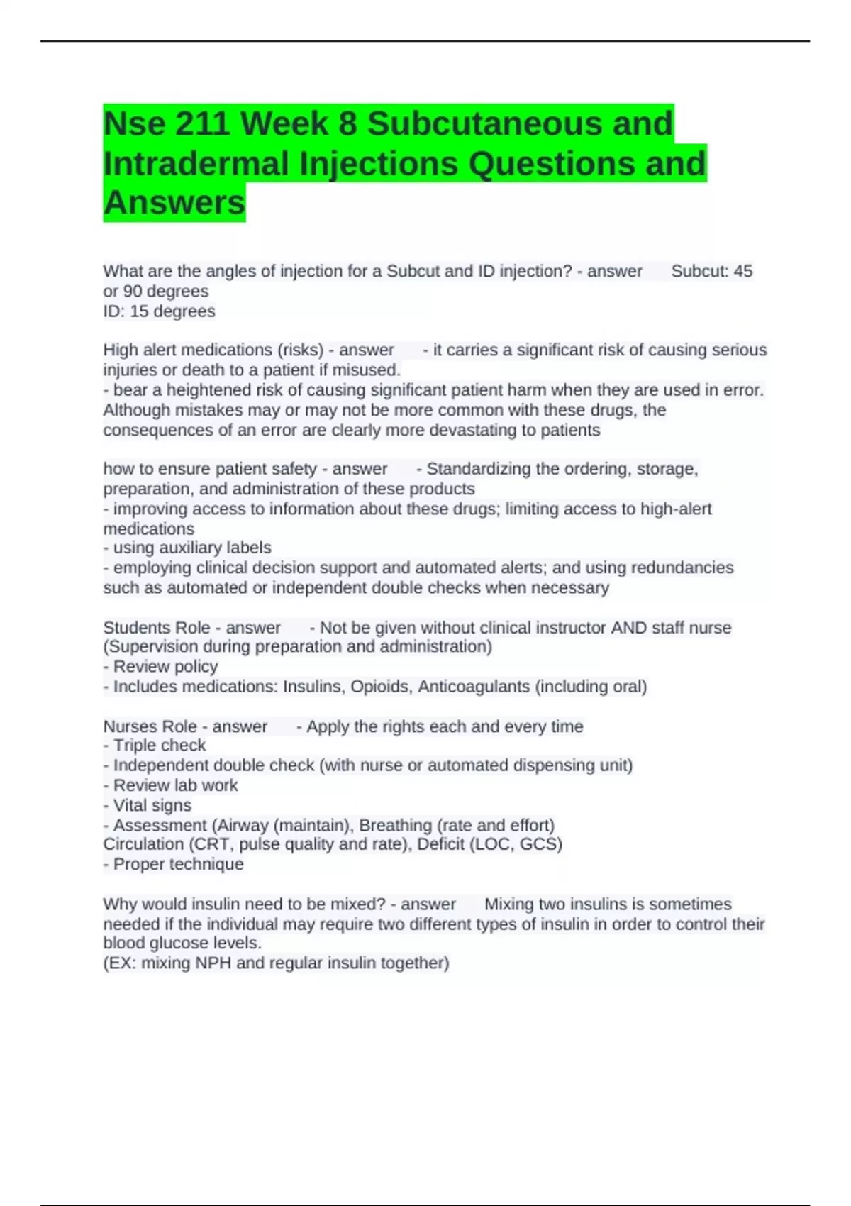 Nse 211 Week 8 Subcutaneous and Intradermal Injections Questions and ...