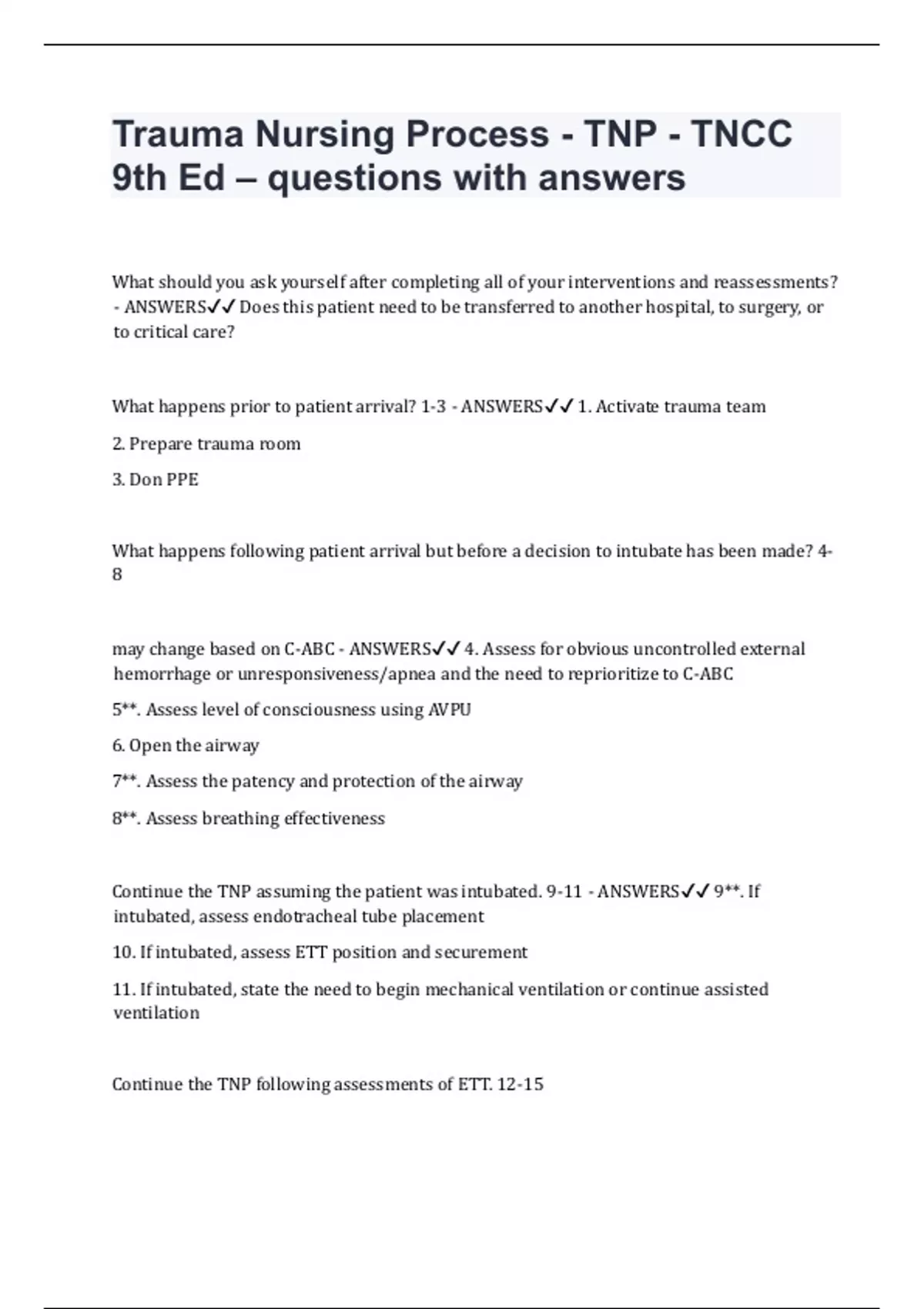 Trauma Nursing Process - TNP - TNCC 9th Ed – questions with answers ...