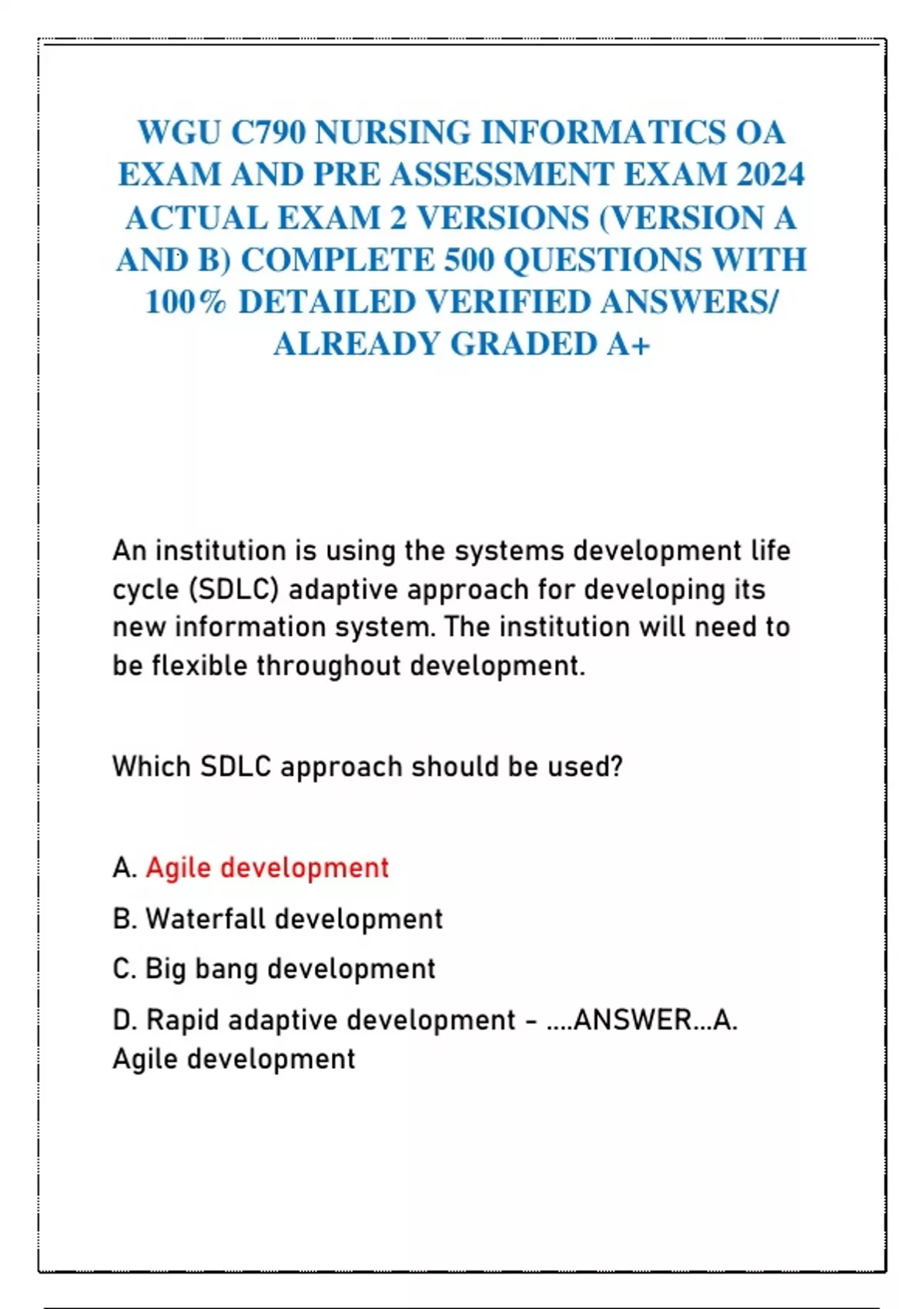 WGU C790 NURSING INFORMATICS OA EXAM AND PRE ASSESSMENT EXAM 2024 ...