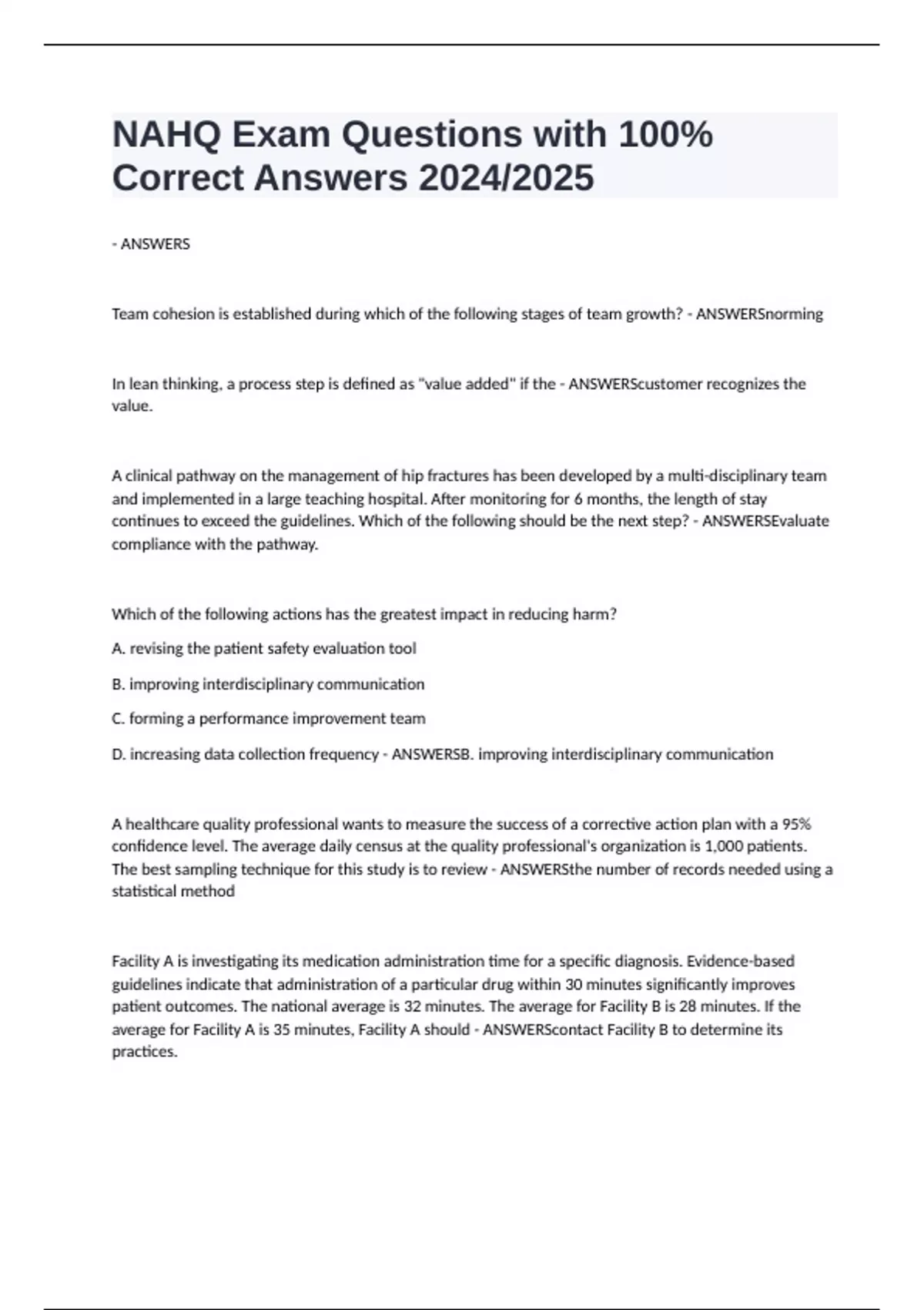 NAHQ Exam Questions with 100% Correct Answers 2024/2025 - NAHQ - Stuvia US
