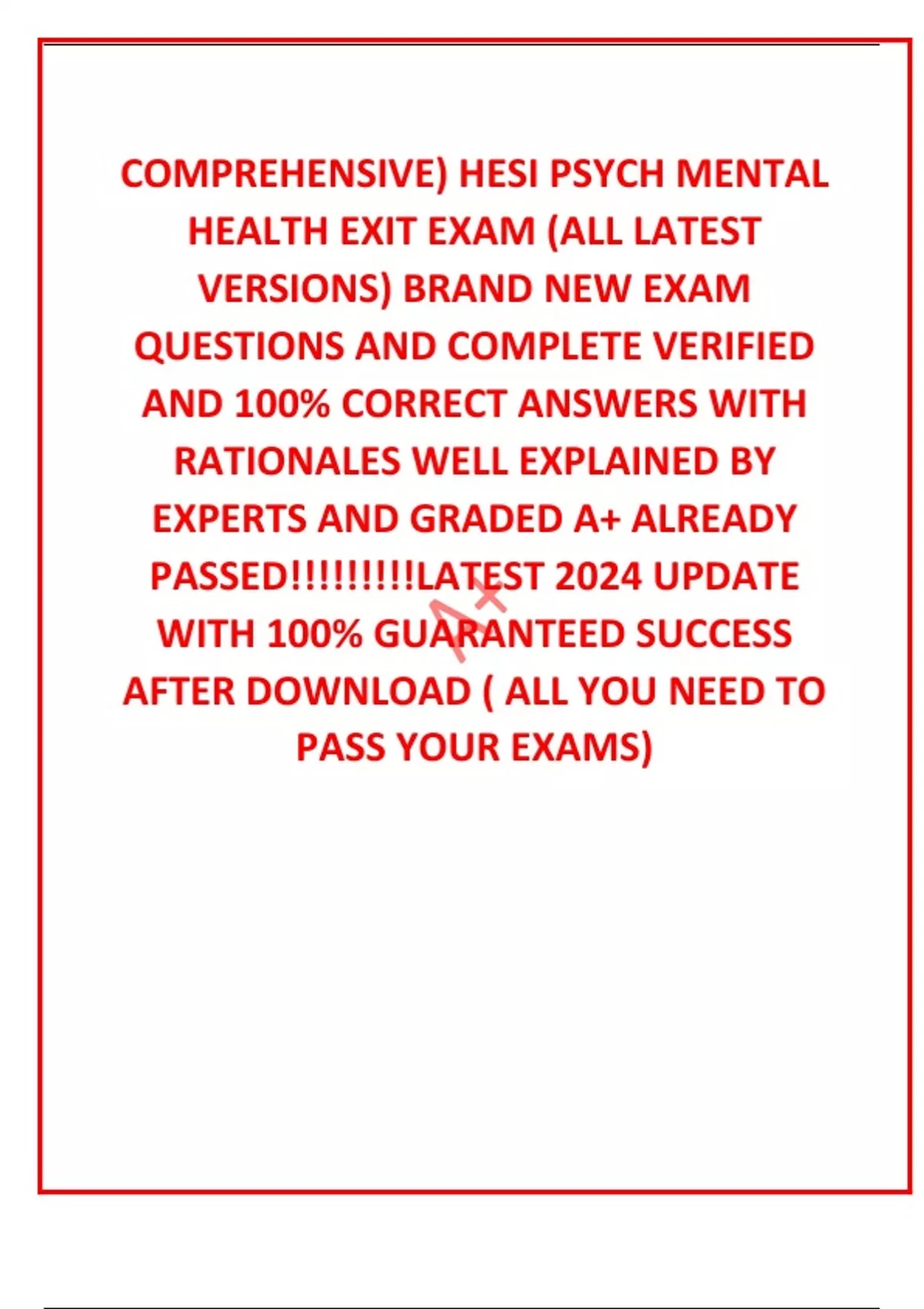 COMPREHENSIVE) HESI PSYCH MENTAL HEALTH EXIT EXAM (ALL LATEST VERSIONS ...