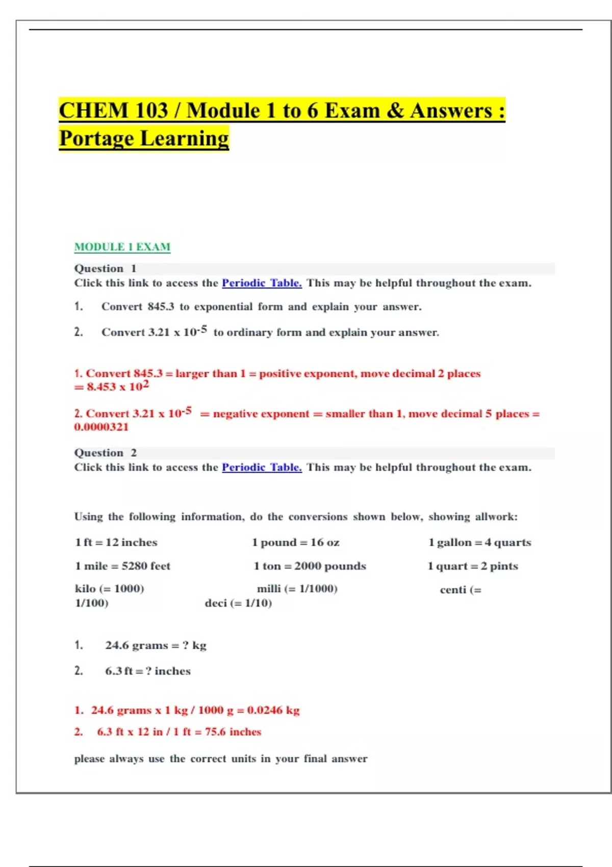 CHEM 103 / Module 1 to 6 Exam & Answers : Portage Learning 2024/2025 ...