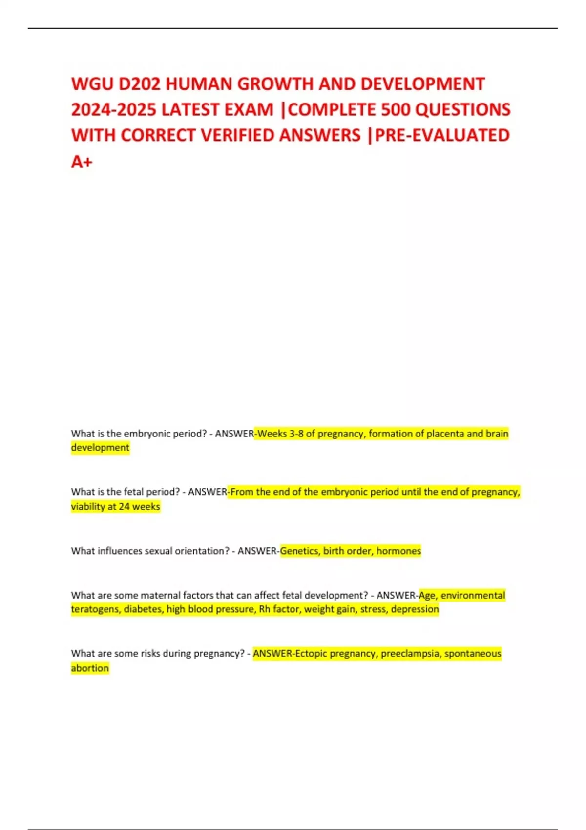 WGU D202 HUMAN GROWTH AND DEVELOPMENT LATEST EXAM |COMPLETE 500 ...
