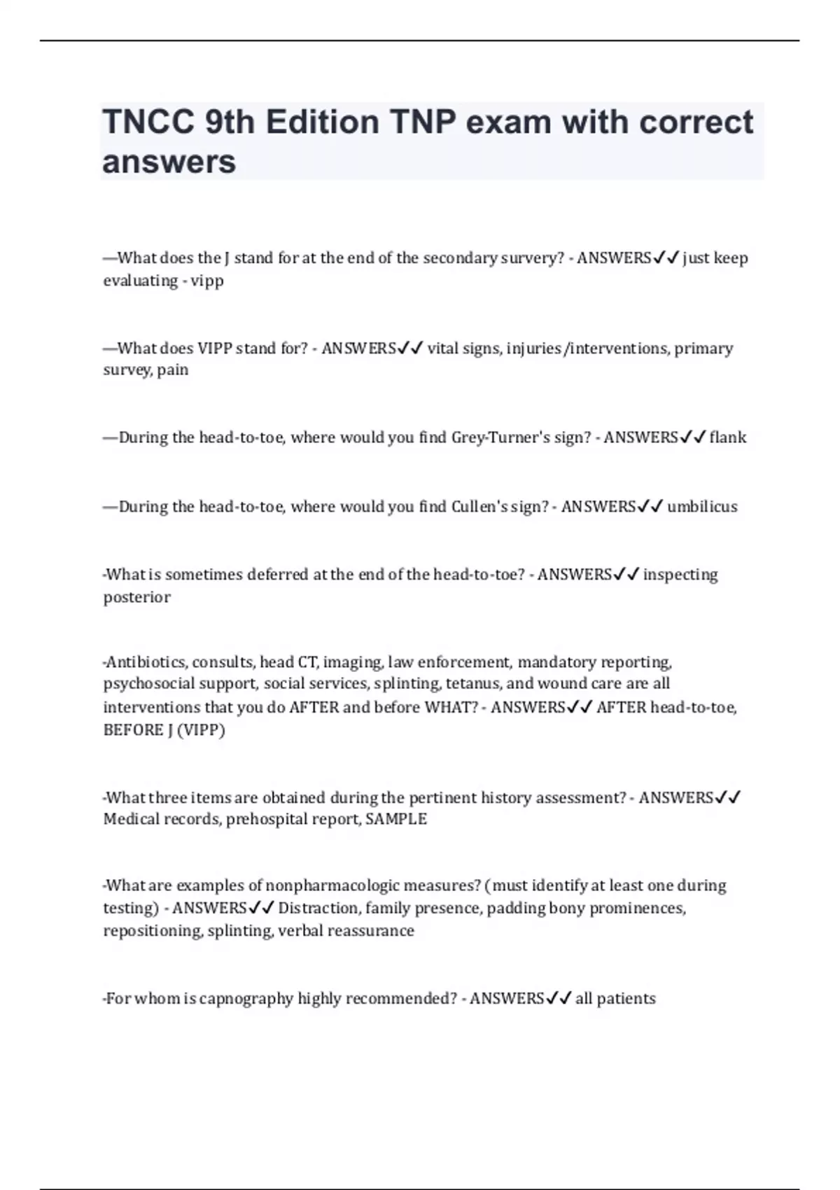 TNCC 9th Edition TNP exam with correct answers - TNCC - Stuvia US