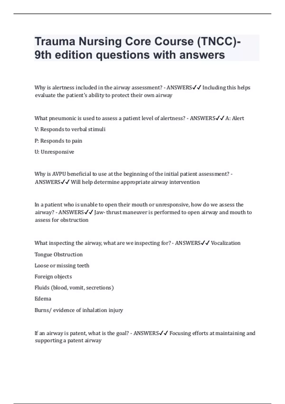Trauma Nursing Core Course (TNCC)- 9th edition questions with answers ...