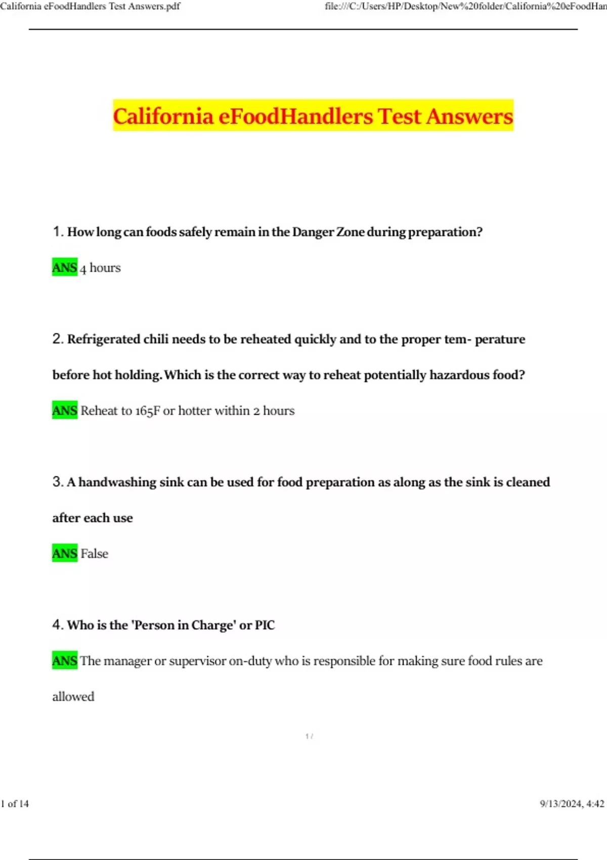 California e Food Handlers Test Answers Latest 2024 Actual Questions ...