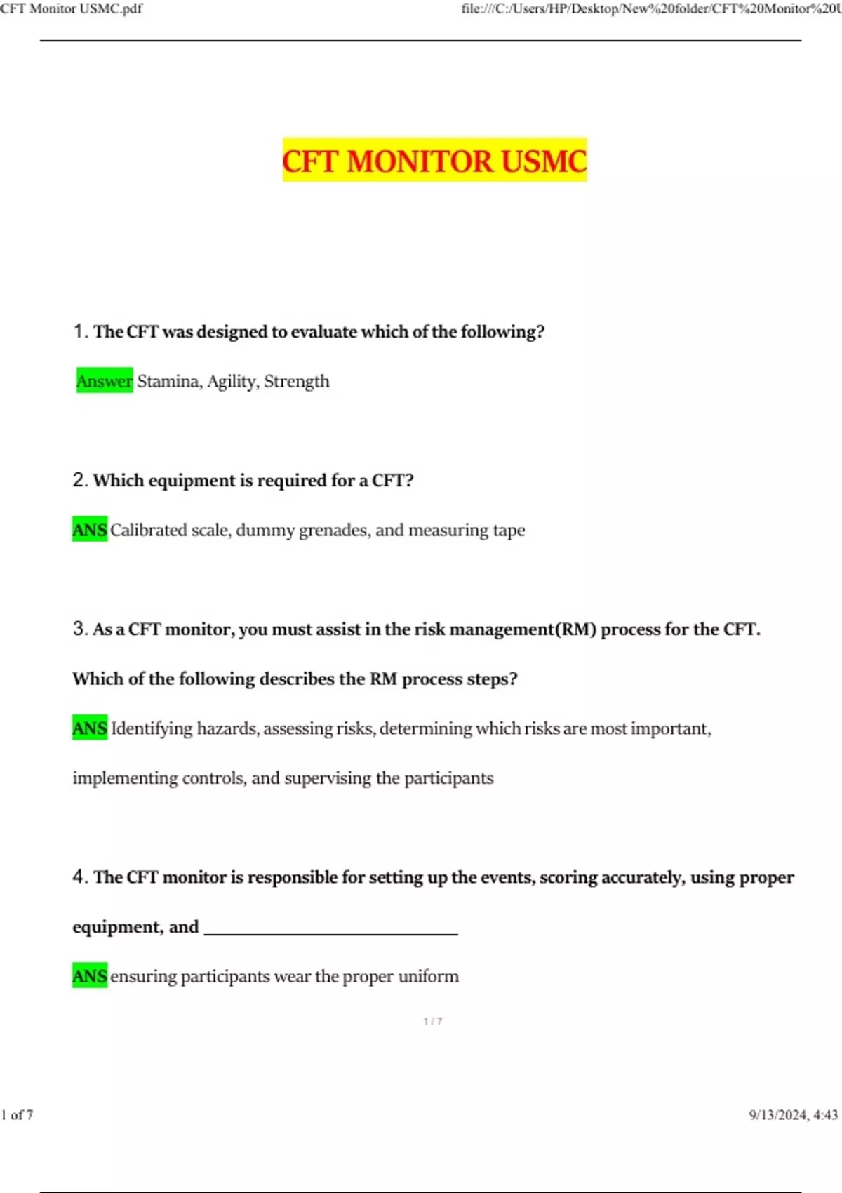 CFT Monitor USMC Exam 2025 with 100% Correct Answers 2024/ 2025 - CFT ...