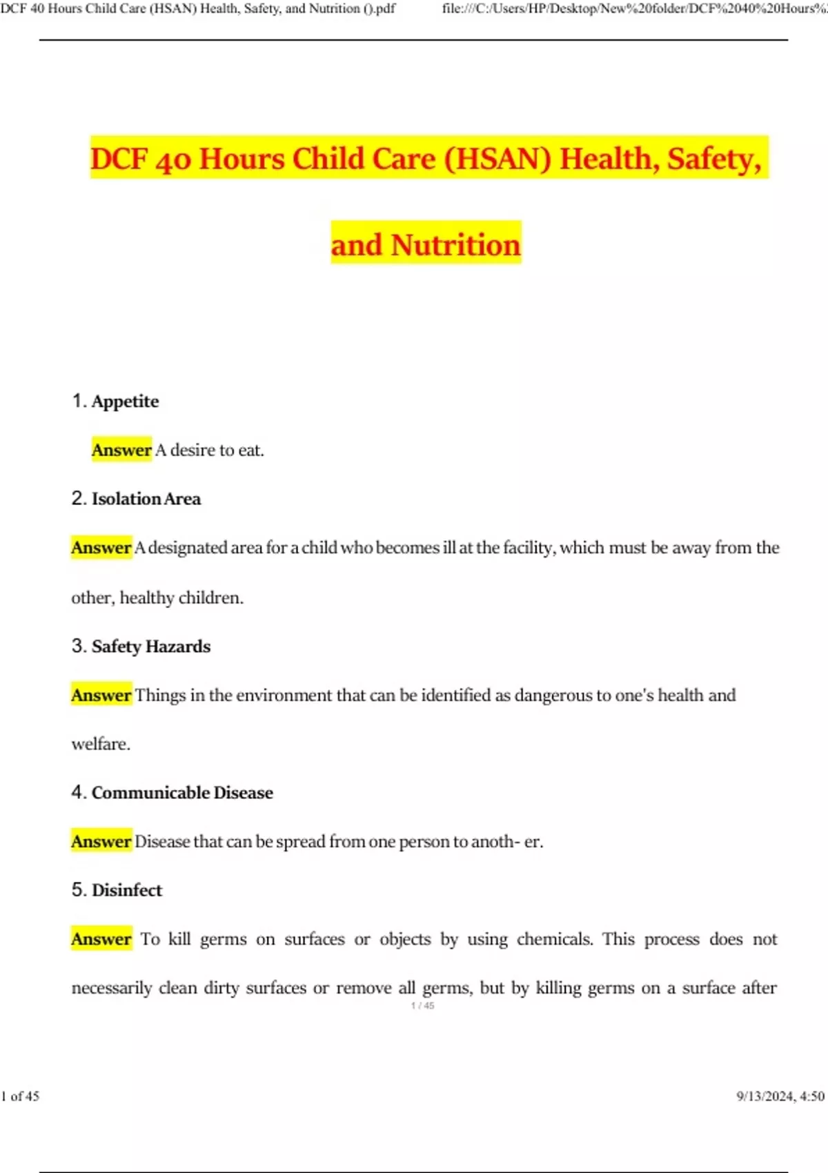 DCF 40 Hours Child Care (HSAN) Health, Safety, and Nutrition Latest ...