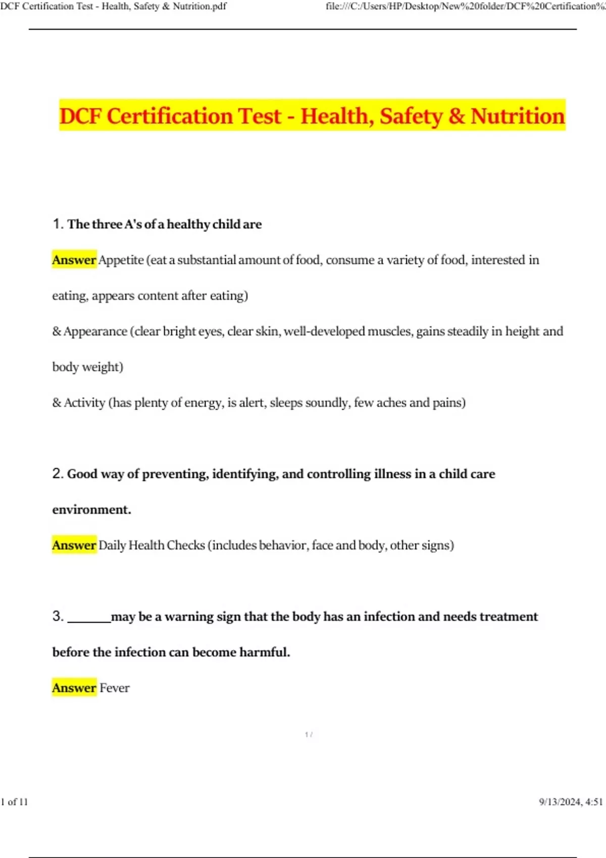 DCF Certification Test - Health, Safety & Nutrition Latest 2024 Actual ...