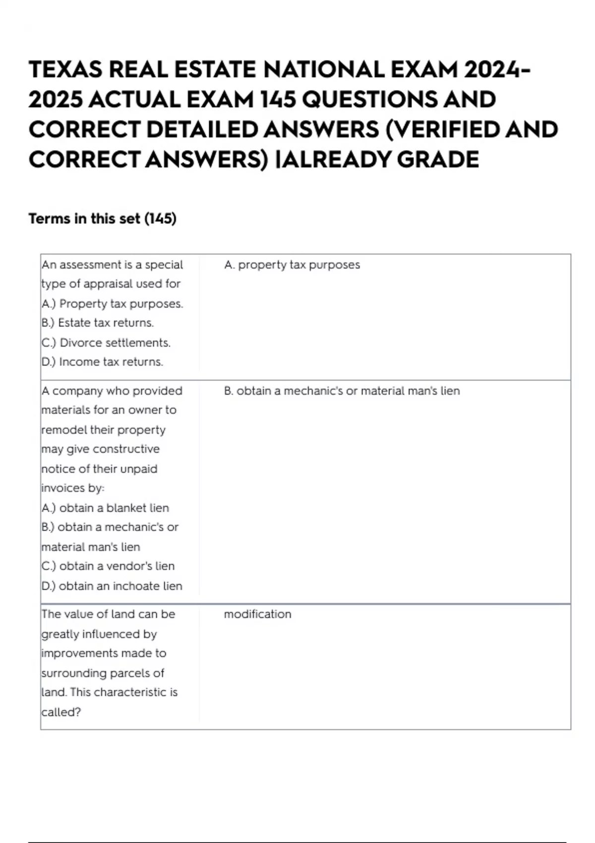 TEXAS REAL ESTATE NATIONAL EXAM ACTUAL EXAM 145 QUESTIONS AND CORRECT ...