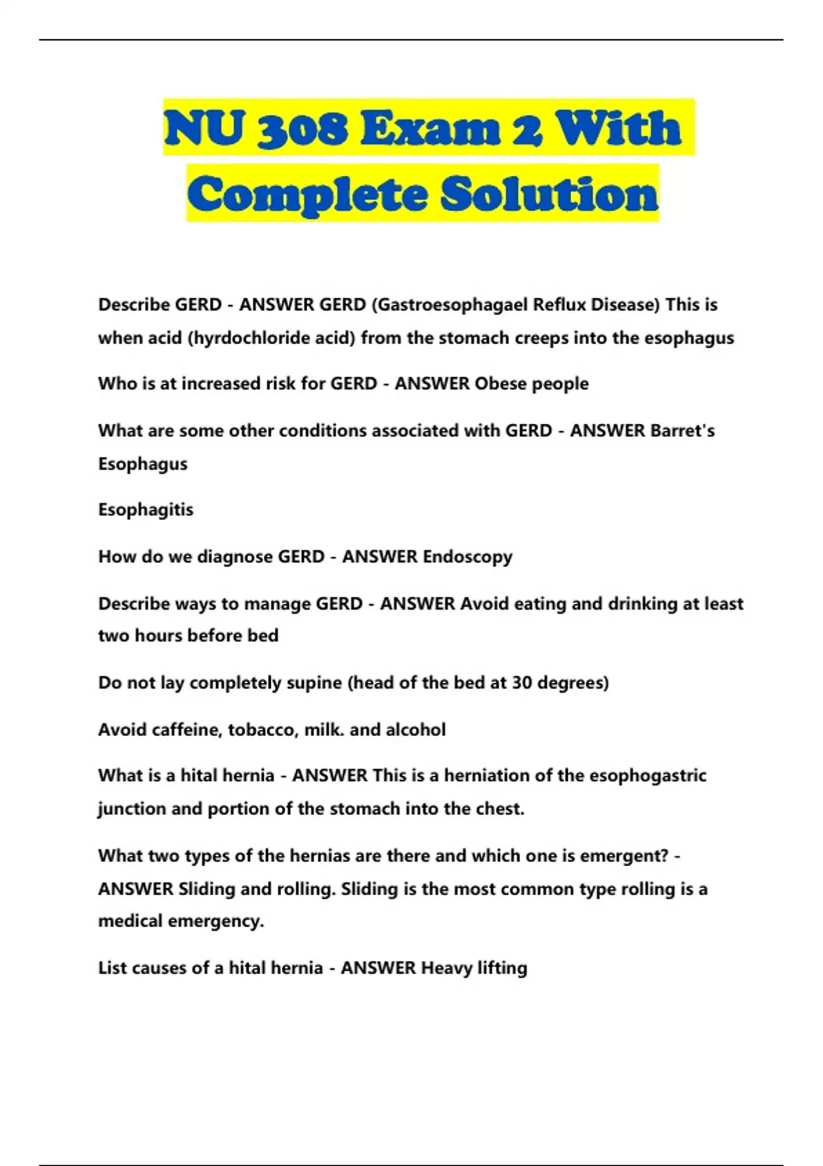 NU 308 Exam 2 With Complete Solution - NU 308 - Stuvia US