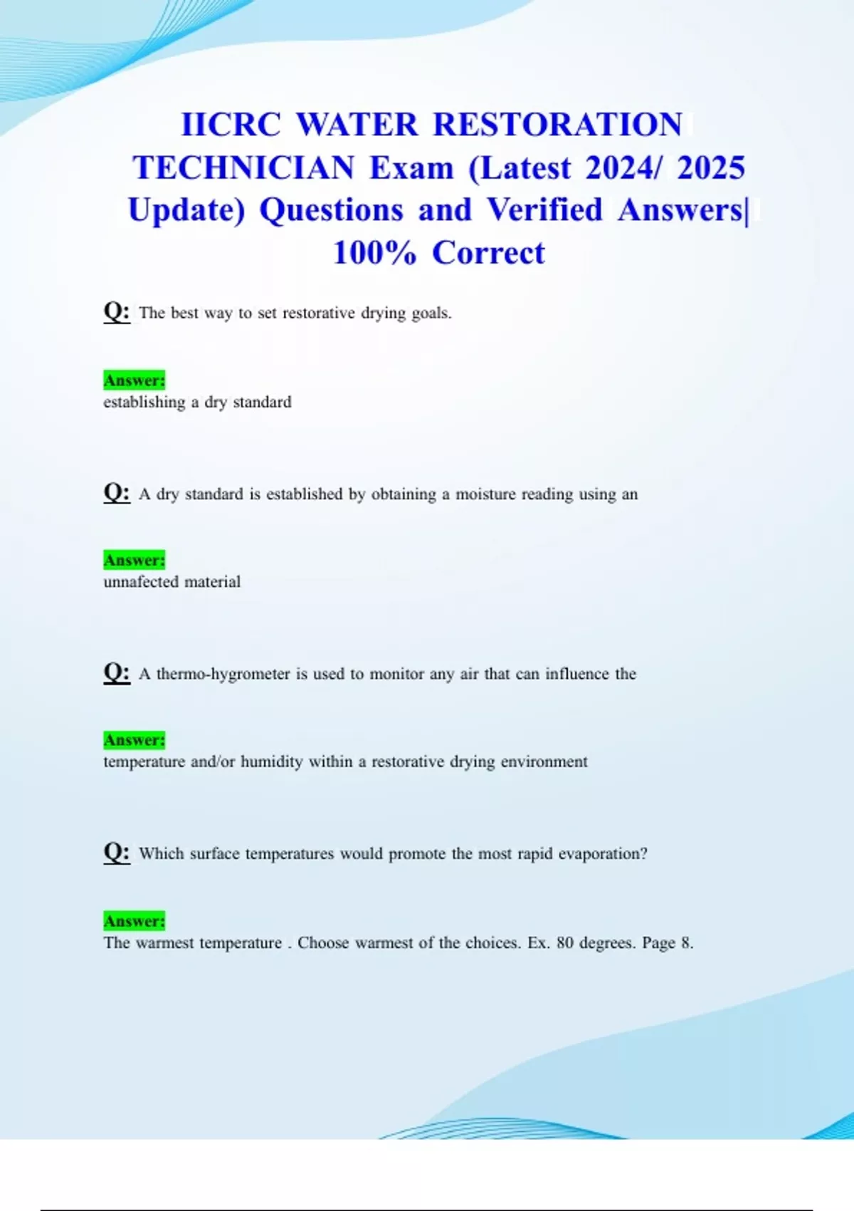 IICRC WATER RESTORATION TECHNICIAN Exam (Latest 2024/ 2025 Update ...