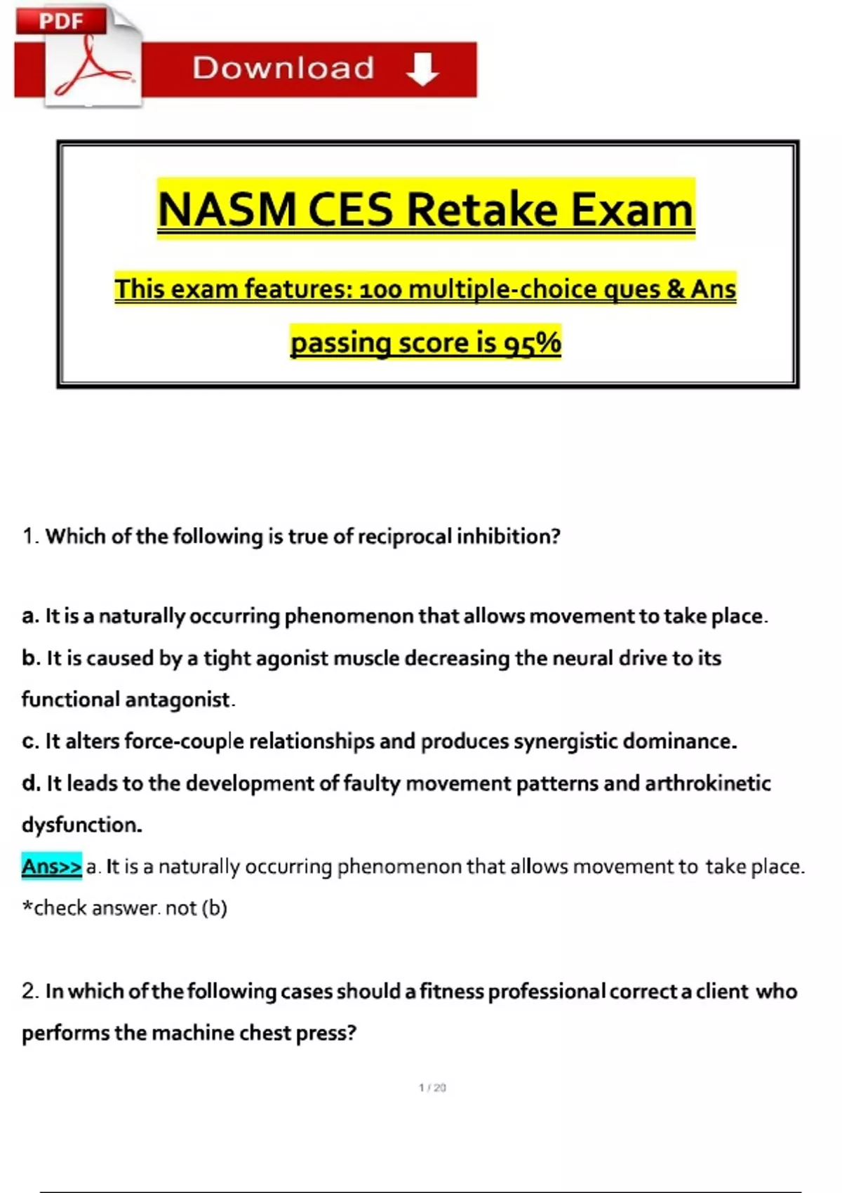 NASM CES Exam Retake Questions with Verified Answers (2024 / 2025) 100% Guarantee Pass Score ...