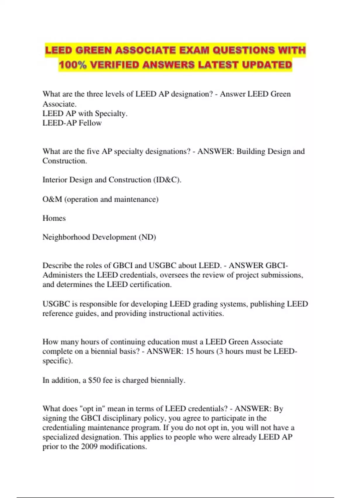LEED GREEN ASSOCIATE EXAM QUESTIONS WITH 100% VERIFIED ANSWERS LATEST ...