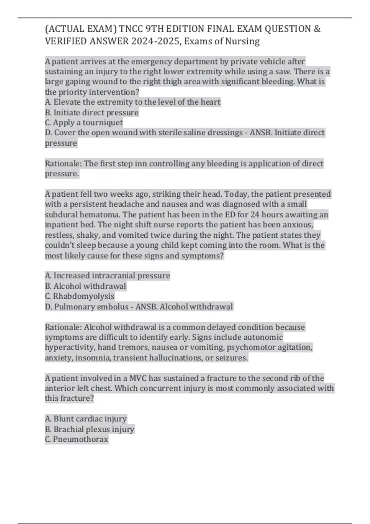 TNCC 9TH EDITION FINAL EXAM(ACTUAL EXAM) QUESTION & VERIFIED ANSWER ...