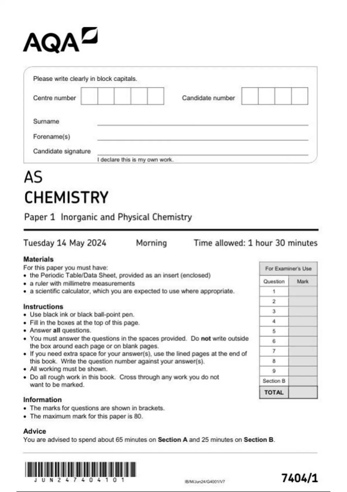 AQA AS LEVEL CHEMISTRY PAPER 1 & 2June 2024 QUESTION PAPER, MARK SCHEME ...