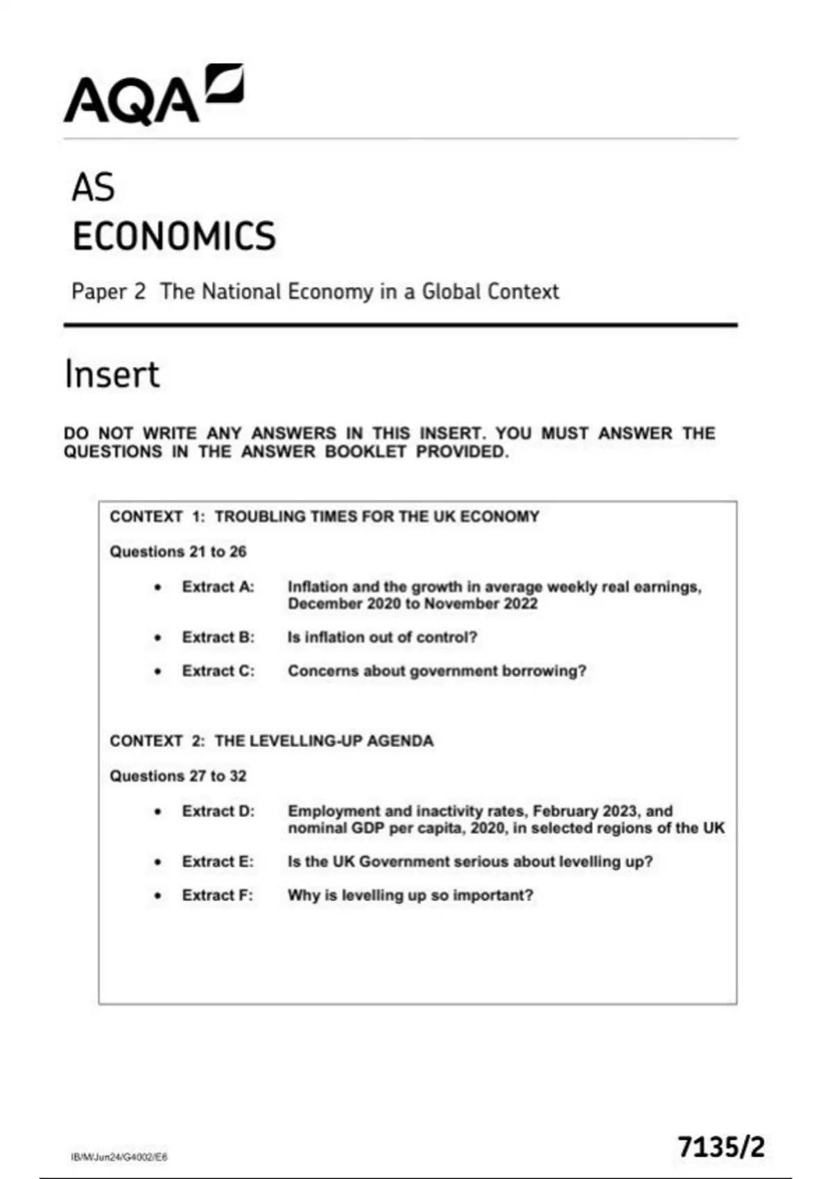 AQA AS LEVEL ECONOMICS PAPER 2 June 2024 INSERT - AQA ECONOMICS 2024 ...