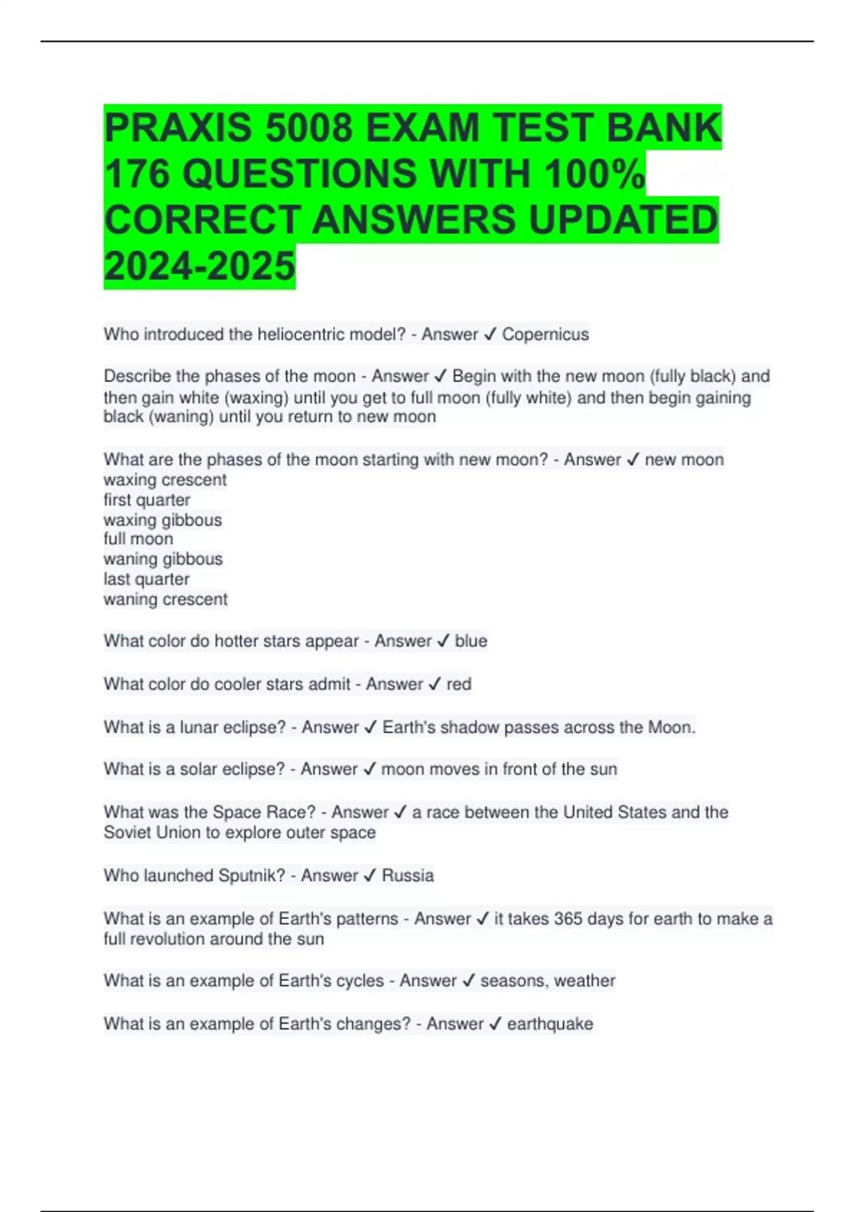 PRAXIS 5008 EXAM TEST BANK 176 QUESTIONS WITH 100% CORRECT ANSWERS ...