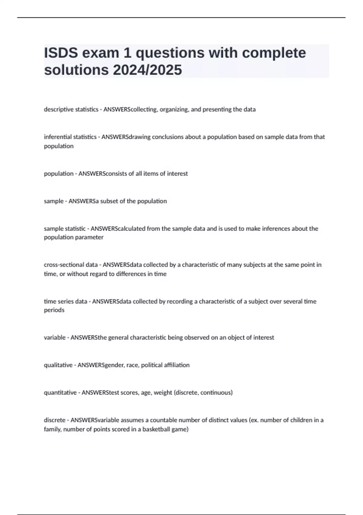 ISDS exam 1 questions with complete solutions 2024/2025 - ISDS - Stuvia US