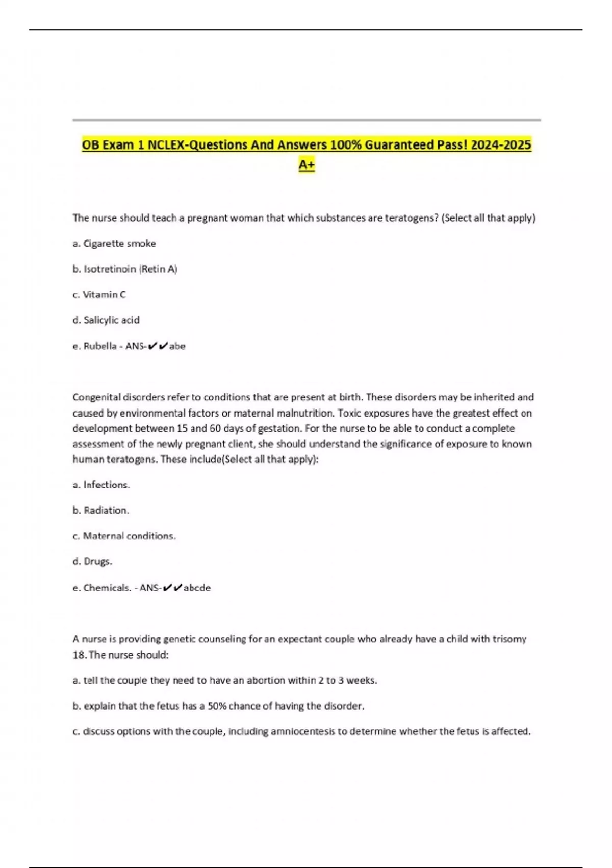 OB Exam 1 NCLEX-Questions And Answers 100% Guaranteed Pass! A+ - OB ...