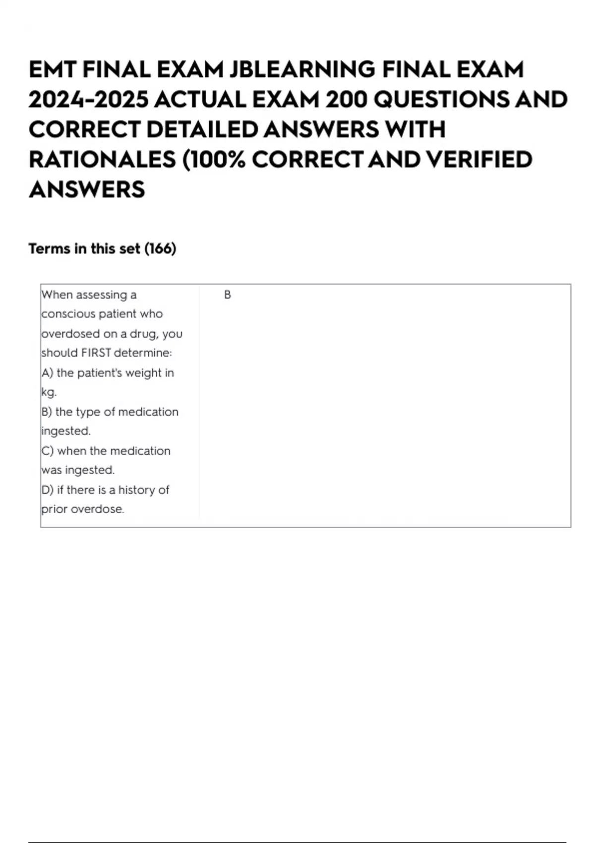 EMT FINAL EXAM JBLEARNING FINAL EXAM ACTUAL EXAM 200 QUESTIONS AND ...