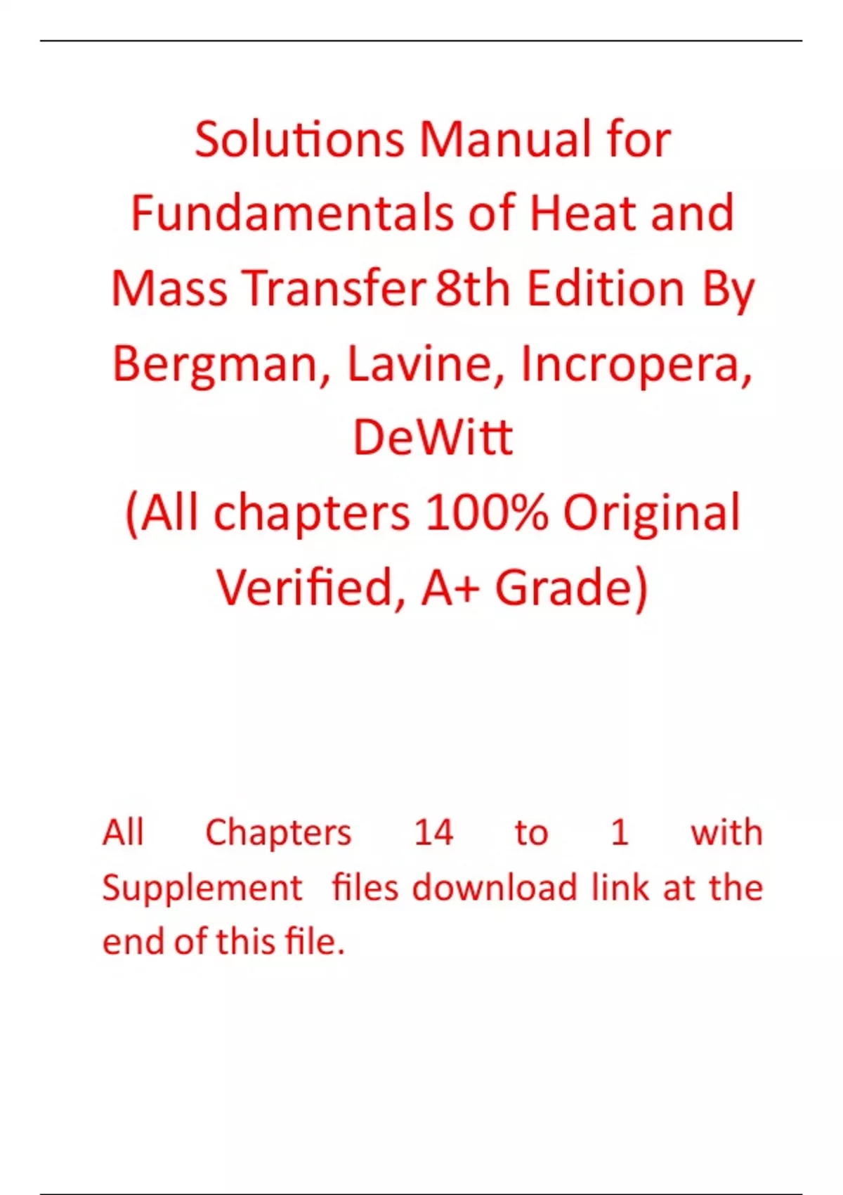 Solutions Manual For Fundamentals of Heat and Mass Transfer 8th Edition By Bergman, Lavine ...