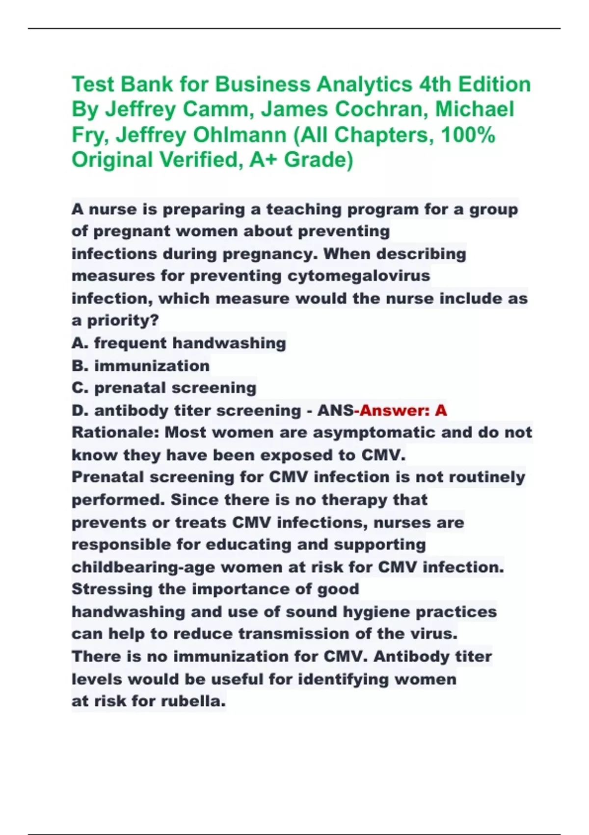 Test Bank for Business Analytics 4th Edition By Jeffrey Camm, James ...